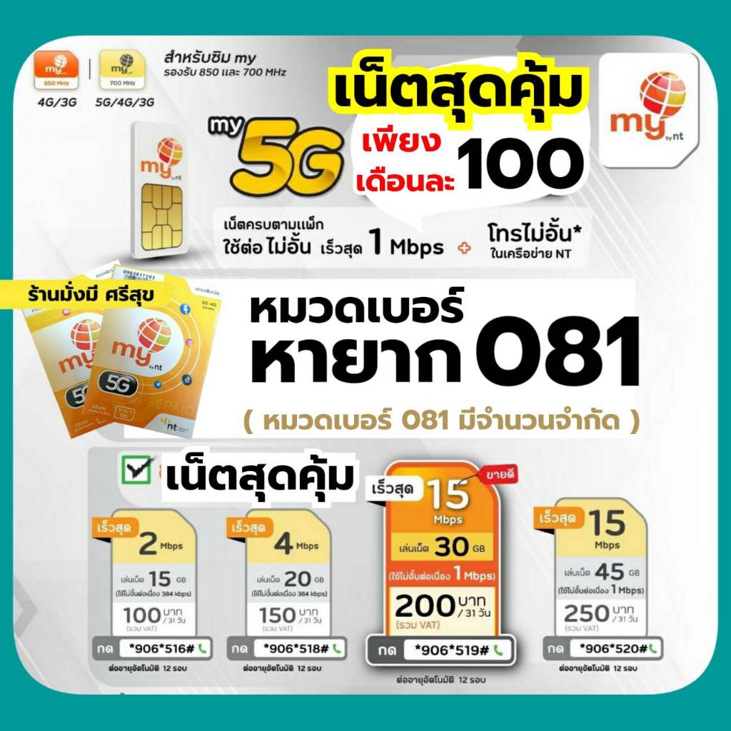 สุดคุ้ม! (no.5)หมวดหายาก 081 เล่นเน็ตต่อเนื่อง เพียงเดือนละ100บาท (2Mbps 15GB FUP 384kbps ...