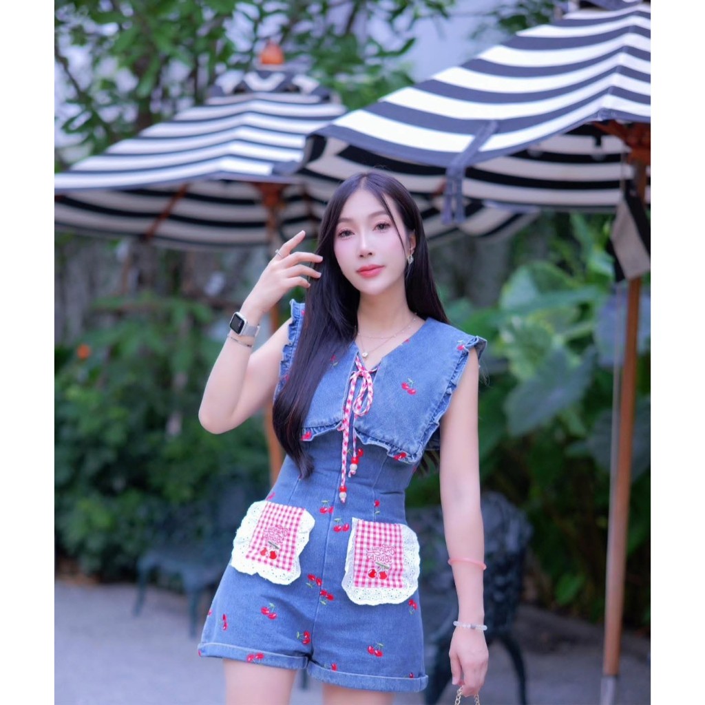 Chaaim Shop ️CA473 ป้ายCher'Ann จั๊มสั้นยีนส์ปักเชอร์รี่คอปกแต่งกระเป๋าหน้า 2 ข้าง | Shopee Thailand
