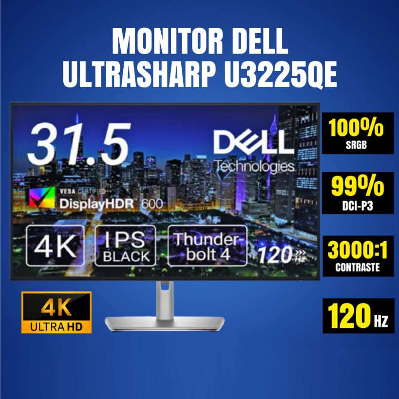 Dell UltraSharp U3225QE 32" 4K Thunderbolt4 Hub Monitor, 99% DCI-P3, Black IPS Panel, 120Hz ...