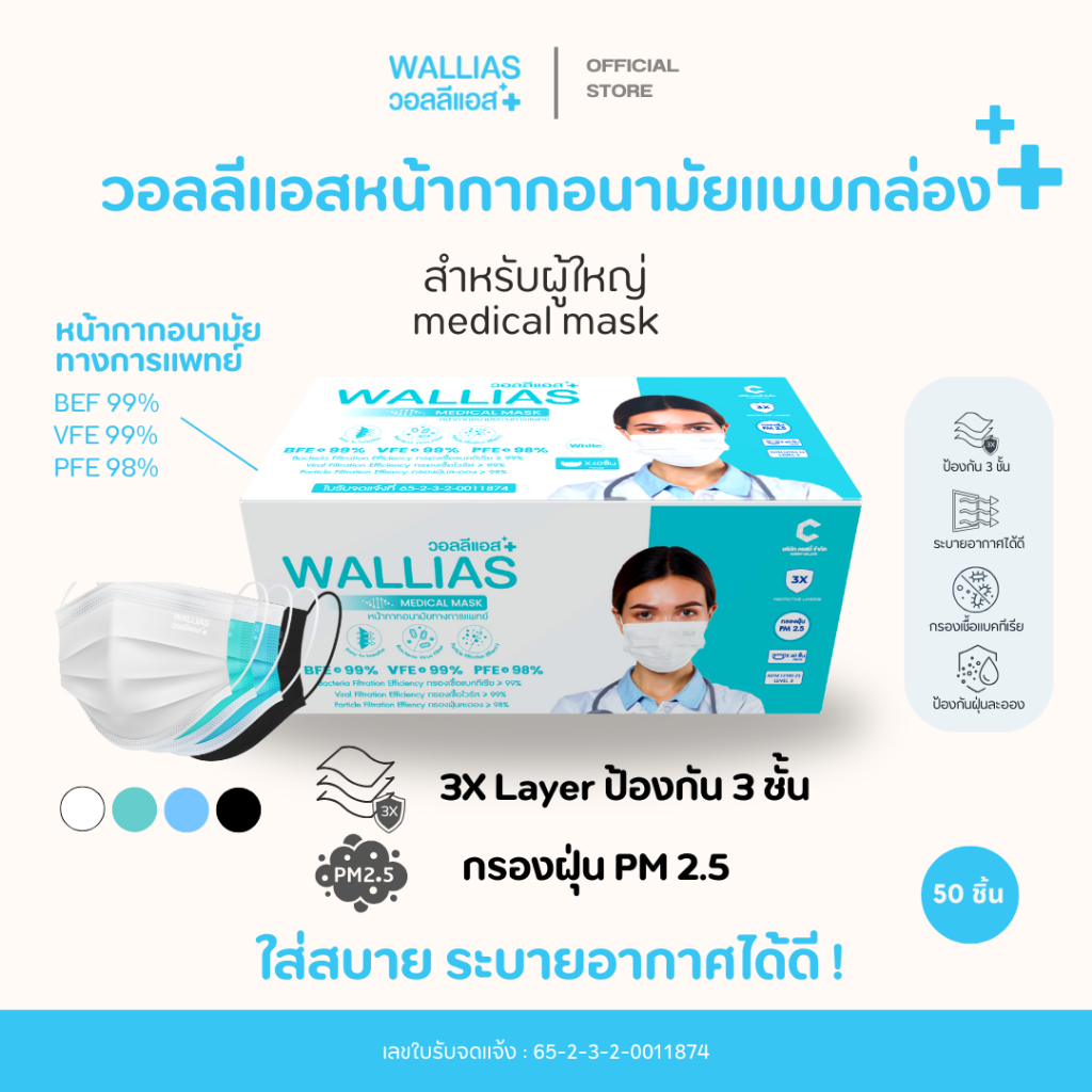 Wallias หน้ากากอนามัย [แบบกล่อง 50 ชิ้น] BFE>99% หน้ากากอนามัยทางการแพทย์ 3ชั้น Wallias วอลลิแอส ...
