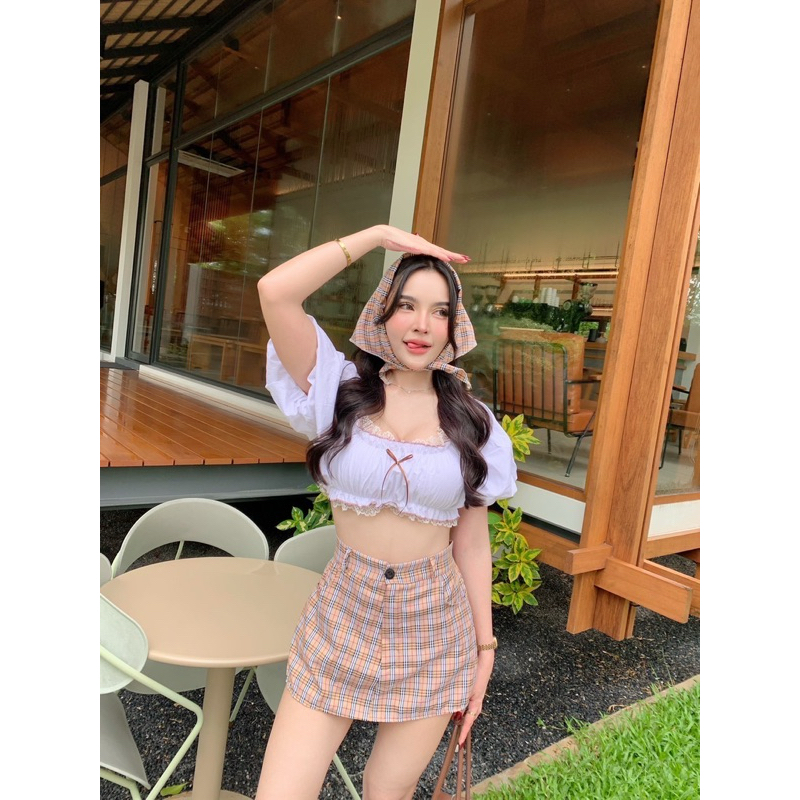 Phapassz - Set ชุดเสื้อแขนพองแต่งลูกไม้เกาหลี เกาใจ กำลังฮิต มาพร้อมกระโปรงกางเกงมีซับใน ลาย ...