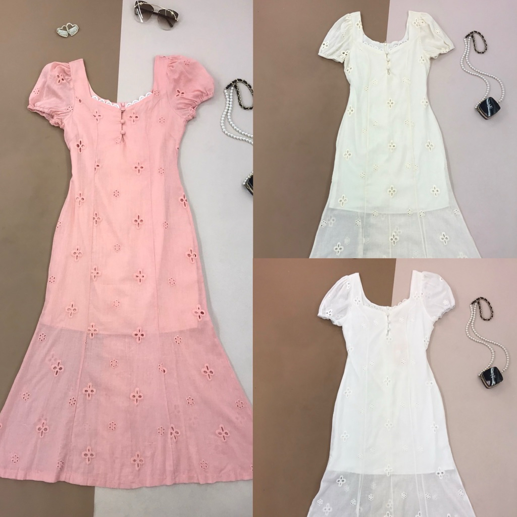 [LISA] A1027 ชุดเดรสกระโปรงคอเหลี่ยมแขนตุ๊กตาแต่งกระดุมลายปักดอกไม้สวย ...