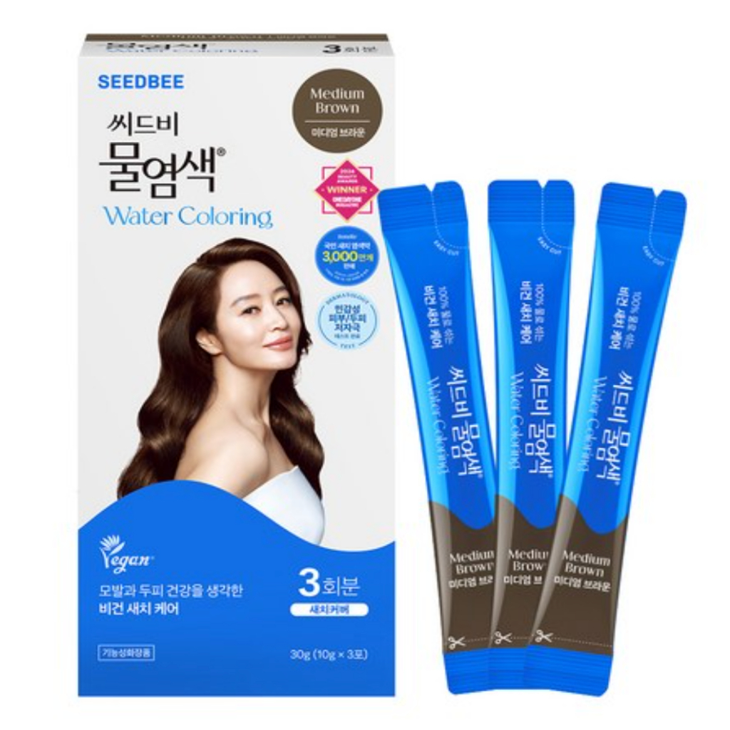 [สี Medium Brown Korean Package] SEEDBEE Water Coloring (10g x3ซอง) น้ำย้อมผม ออร์แกนิค ปิดผมขาว ...