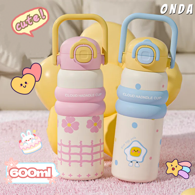 【ONDA】600ml น่ารัก กระติกน้ำสแตนเลส สแตนเลส 316 เก็บร้อน-เย็น กระติกน้ำ ฝาสองชั้น มีหลอดดูดและหู ...
