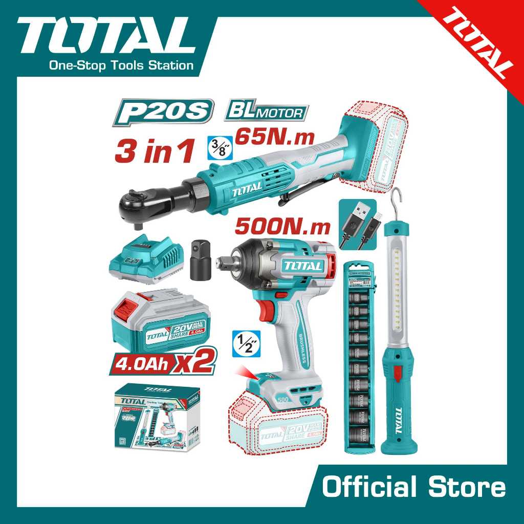 TOTAL COMBO SET54 บล็อกแบตเตอรี่ 20V + ด้ามฟรี ไร้สาย + ชุดลูกบล็อก ...