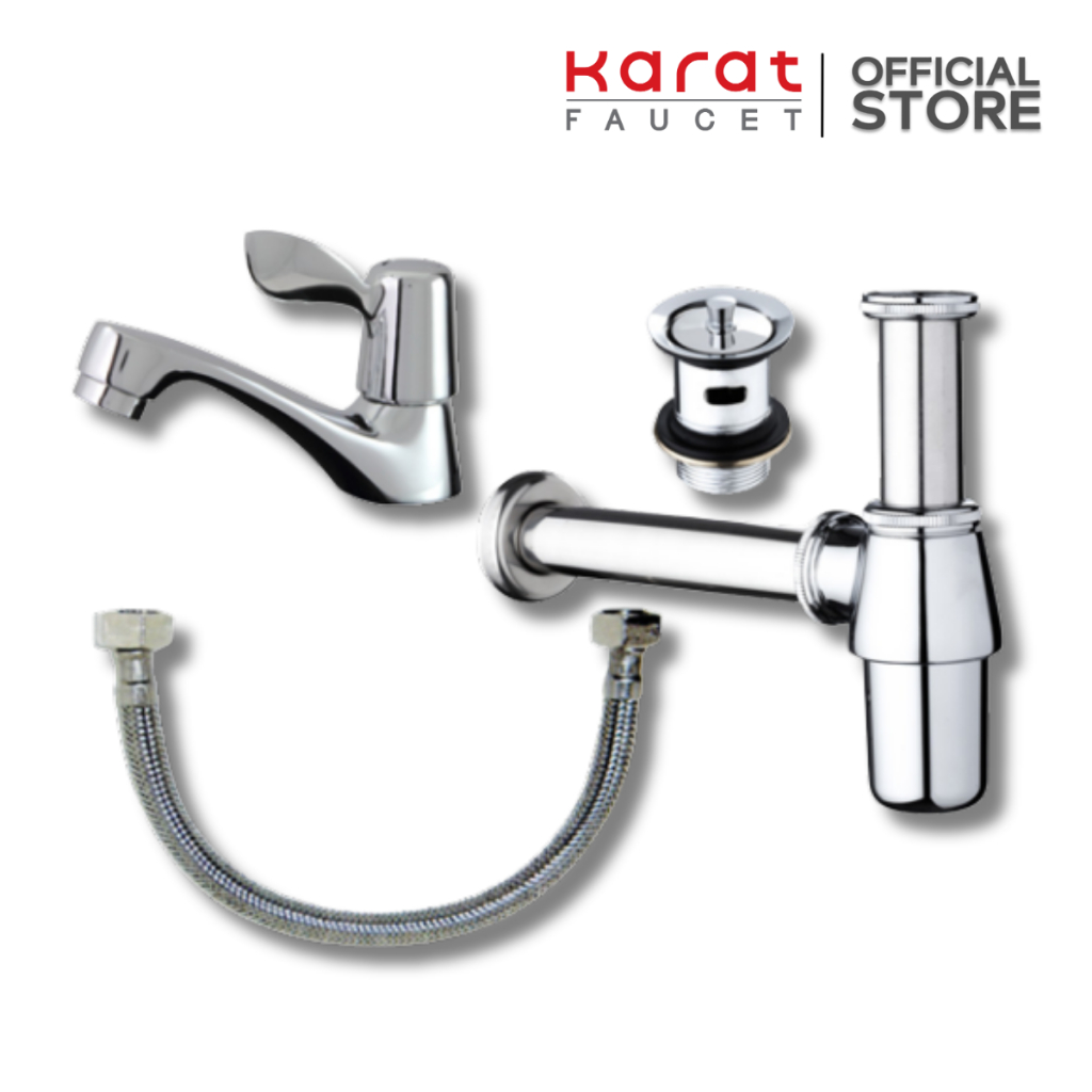 Karat ชุดเซ็ทก๊อกเดี่ยวอ่างล้างหน้า, สะดืออ่าง, ท่อน้ำทิ้งและสายน้ำดียาว 16 นิ้ว KFA-002-100 ...