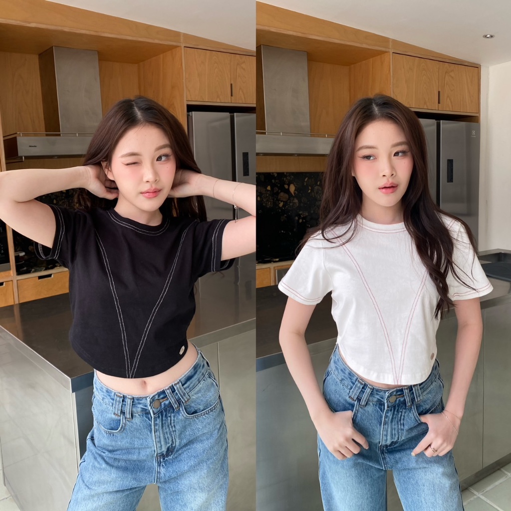 15.2ใช้โค้ด(30WOW200)ลดสูงสุด200.-chuuchop(C8345)Ruby Crop Top เสื้อยืด ...