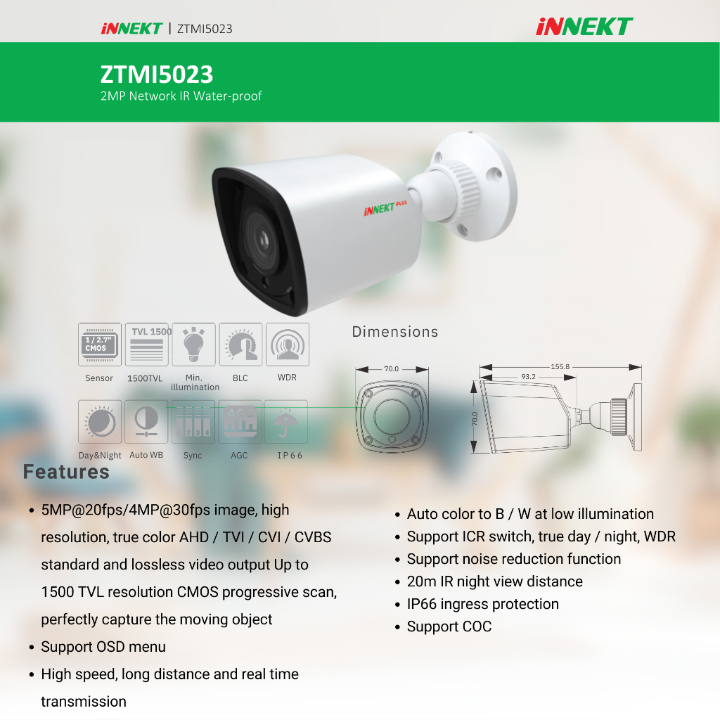 กล้องวงจรปิด iNNEKT Plus bullet 5MP รุ่น ZTMI5023 | Shopee Thailand
