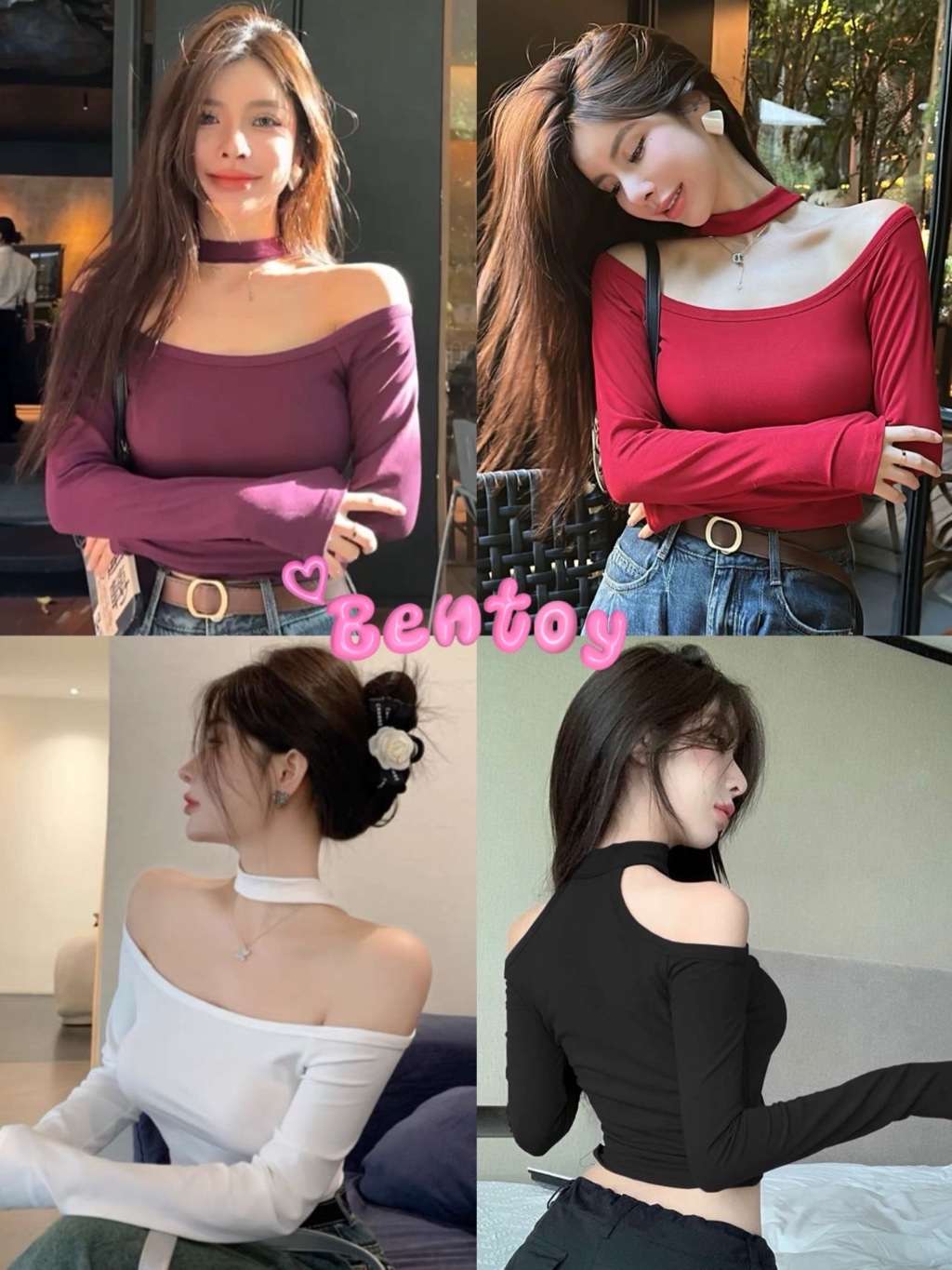 Bentoy(bratop788)เสื้อยืดแขนยาว มีฟองน้ำในตัว ผ้าฝ้าย ผ้านิ่มใส่สบาย ปาดไหล่ ดีเมลสายห้อยคอ ใส่ ...