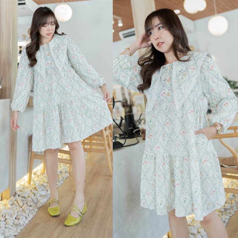 Code : Tea time dress (พื้นสีเขียวอ่อนลายดอกไม้) | Shopee Thailand