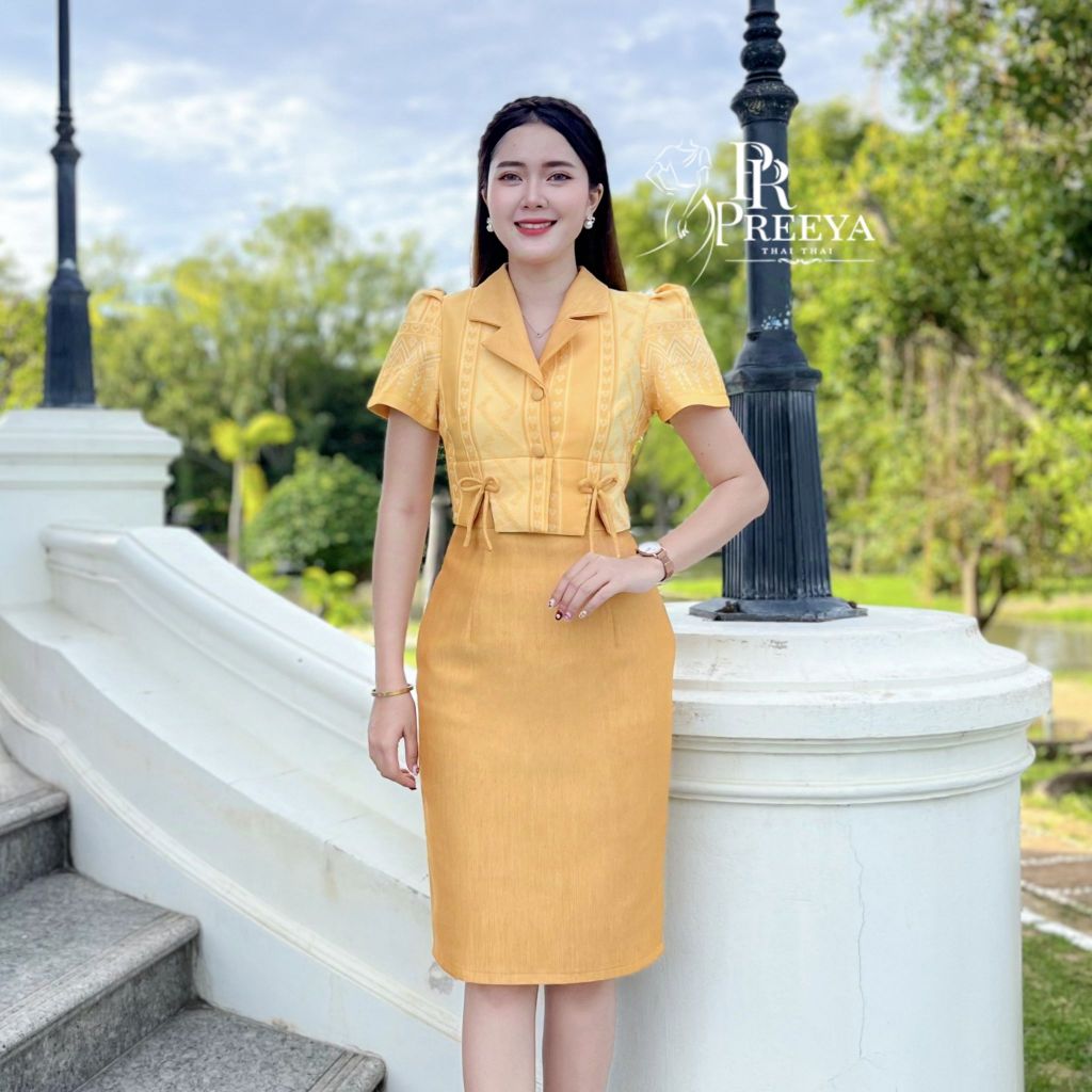 PR112 เดรสผ้าฝ้ายทอลาย ยกแขน อัดกาวทั้งชุด แบรนด์ preeya | Shopee Thailand