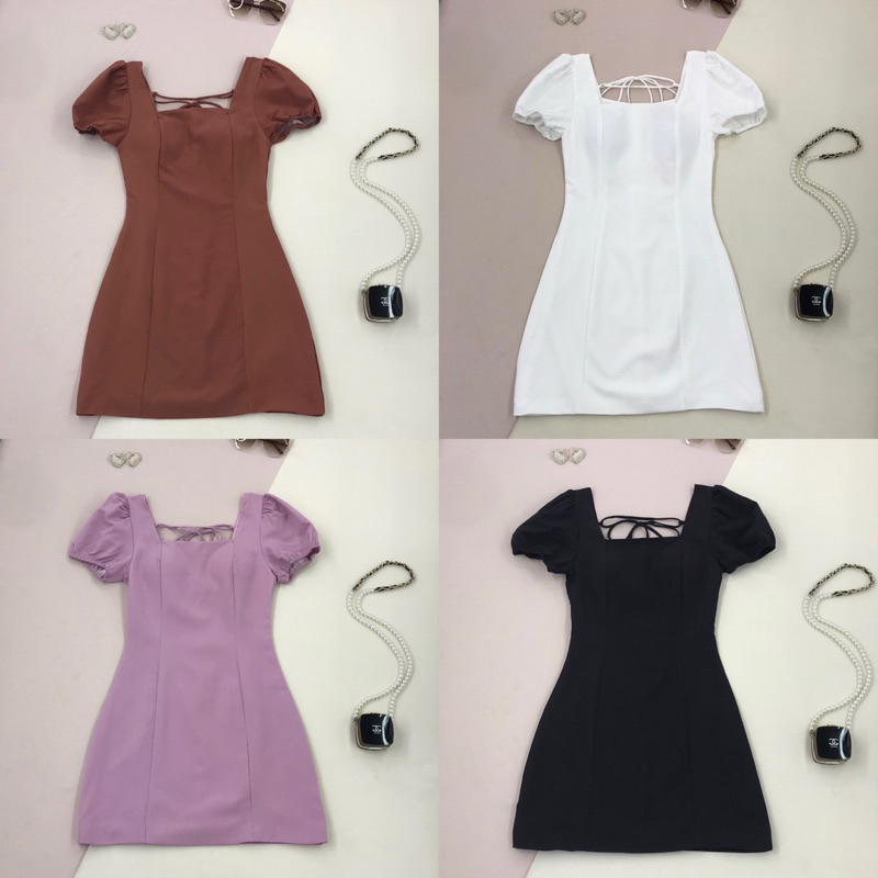 [ELSA] Y062 ชุดเดรสกระโปรงแขนตุ๊กตาดีเทลสายผูกด้านหลังแต่งซิปซ่อน เรียบ ...