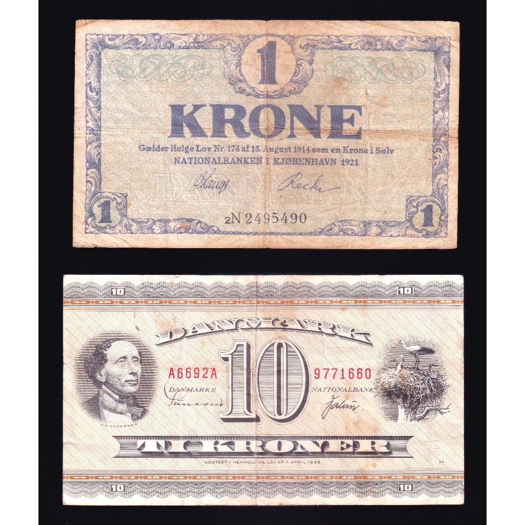ธนบัตร Denmark, 1 Krone - 10 Kroner, 1921-1969, Two Notes LOT, จำนวน 2 ...