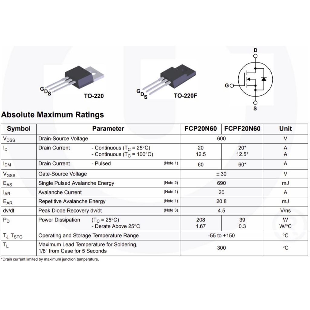 มอสเฟต FCP20N60-T FCP20N60 (จำนวน 10ชิ้น) 600V 20A 208W TO-220 ONSEMI ...