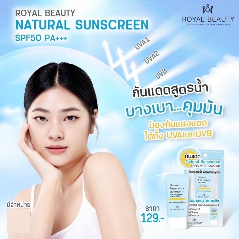 (1หลอด) Royal Beauty Natural Sunscreen SPF50 PA+++ 15 ml. รอยัล บิวตี้ ...