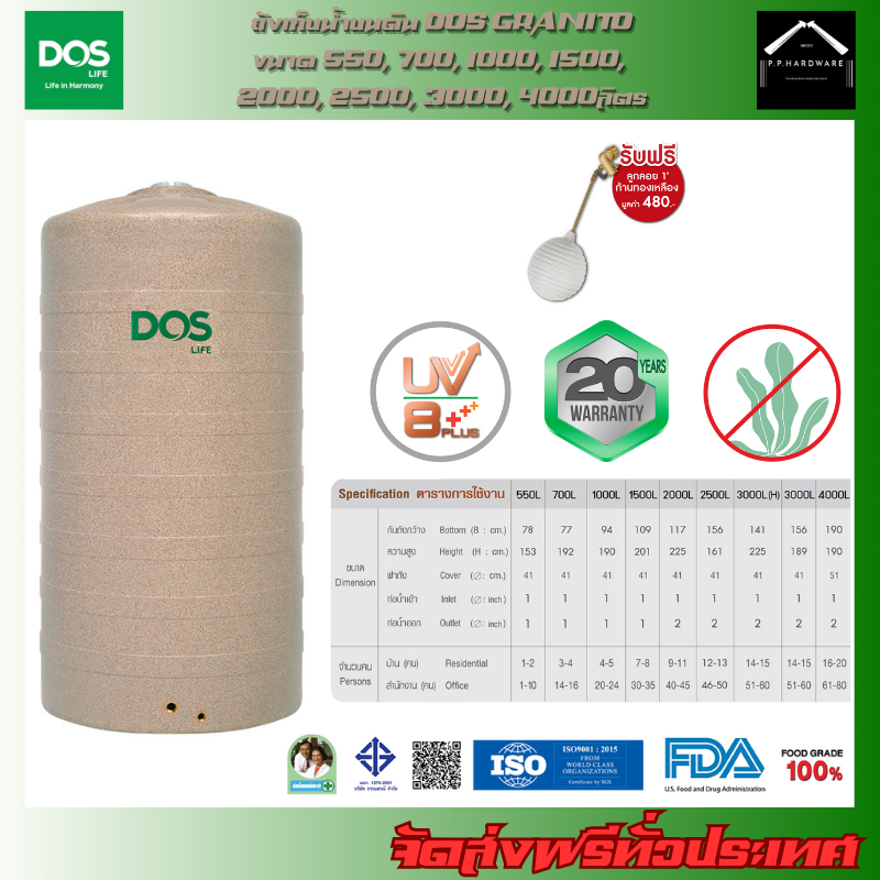 DOS ถังเก็บน้ำบนดิน GRANITO ท่อนอก-ใน ขนาด 550, 700, 1000, 1500, 2000, 2500, 3000H, 4000ลิตร แถม ...