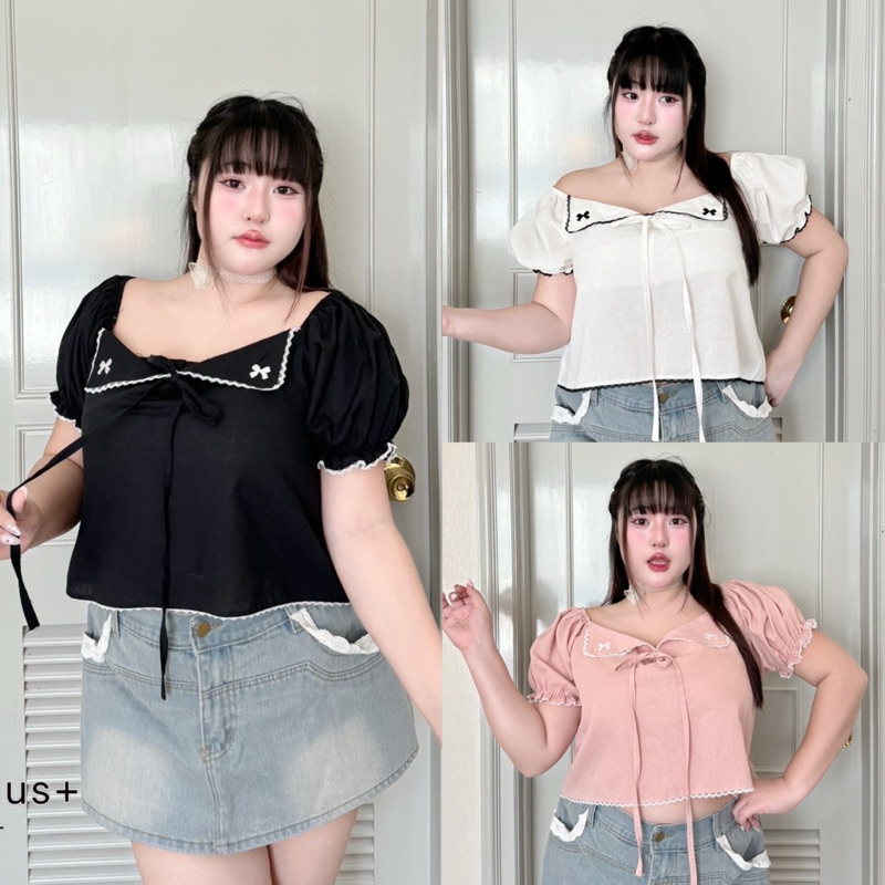 เสื้อครอปคอเหลี่ยม (แขนตุ๊กตา) เสื้อครอปสาวอวบ อก40-52นิ้ว plussize | Shopee Thailand