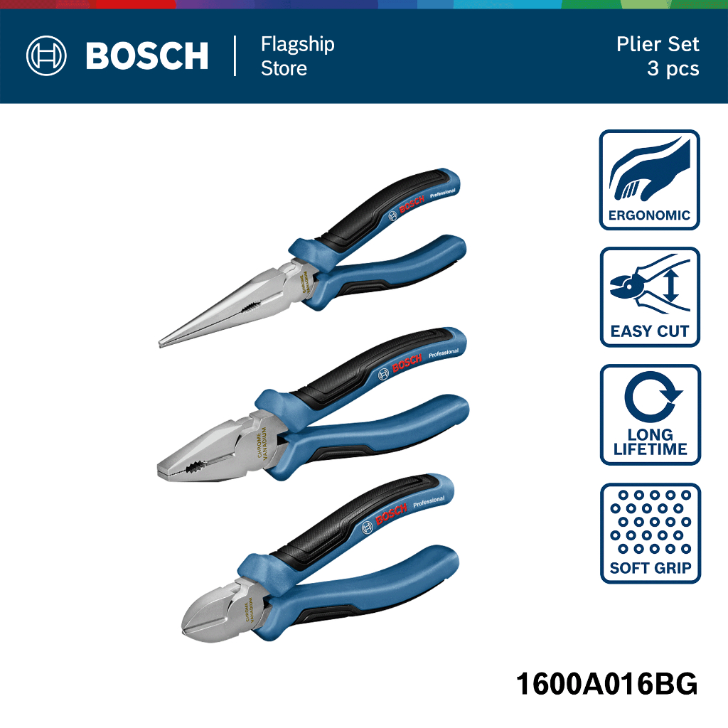 BOSCH 3pcs plier set ชุด คีมปากแหลม + คีมปากตรง + คีมปากเฉียง | Shopee ...
