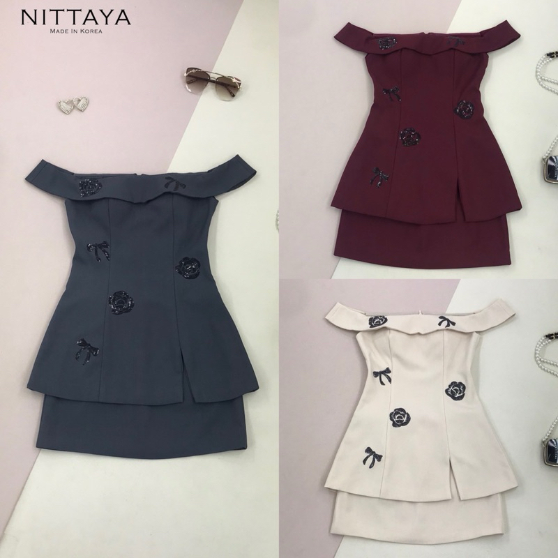 [NITTAYA] D2583 ชุดเซตเสื้อปาดไหล่ดีเทลแต่งกลิตเตอร์โบว์ดอกกุหลาบ สวย ...