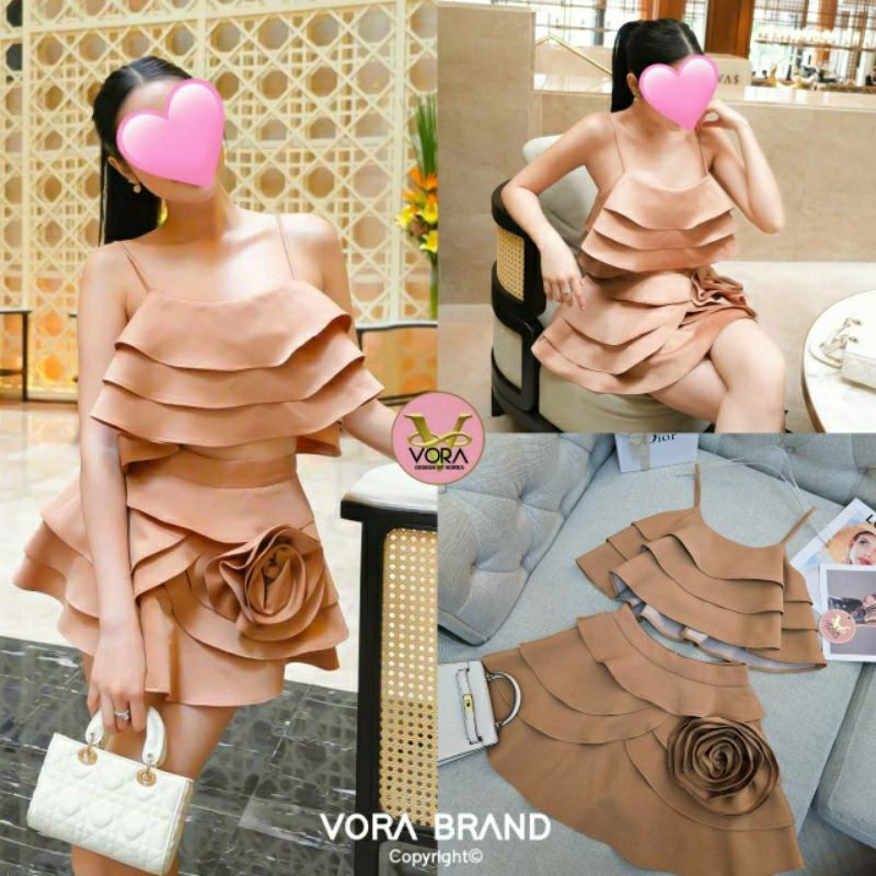 (XS-L) VORA พร้อมส่ง เซ็ทเสื้อสายเดี่ยวแต่งระบายชั้นรอบชุด+กระโปรงสั้นซับในกก.เข้ากับชุดอกมี ...