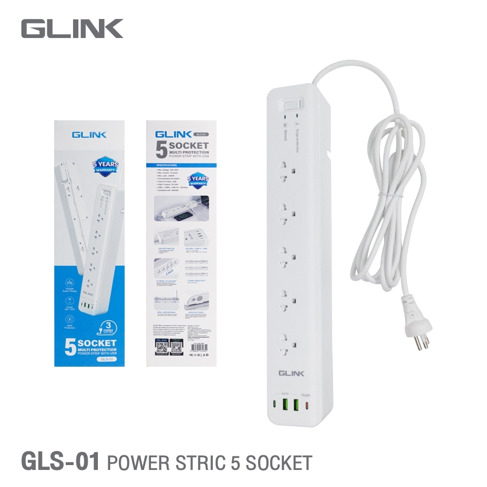 Glink GLS-01 Plug 1Switch 5Socket 2USB/1USB Type-C/1 PD 20W ปลั๊กจีลิ้งค์ 5ช่อง 1สวิตช์ 3M ...