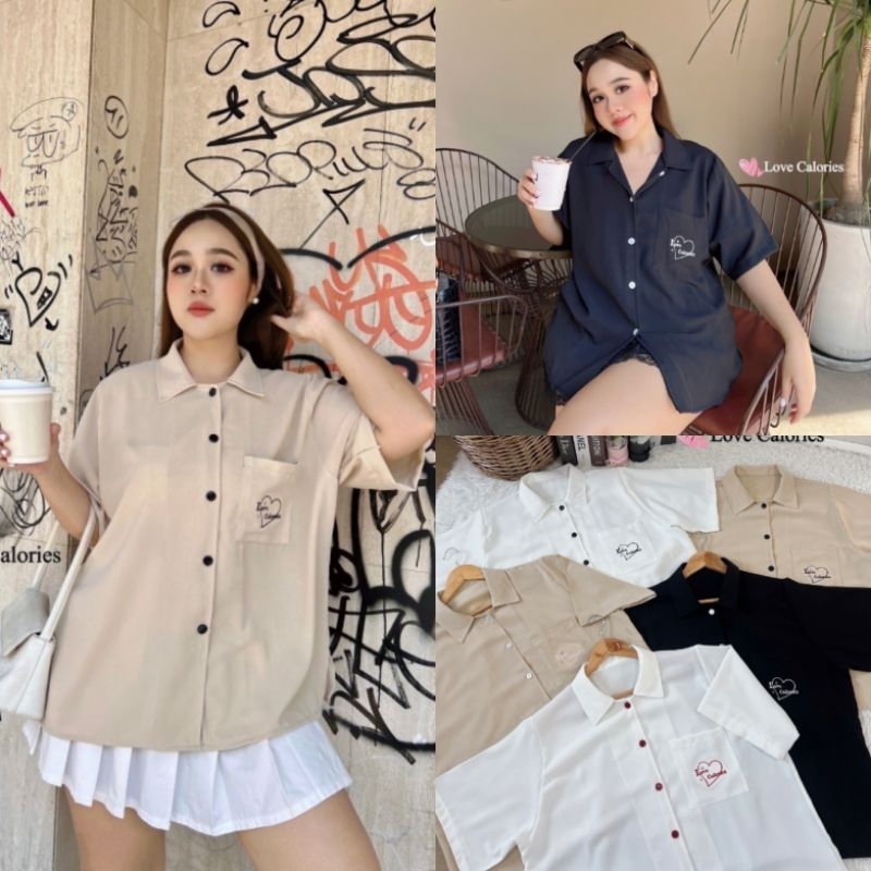 เสื้อเชิ้ตคอปก ปักกระเป๋า Love Calories อกได้ถึง52" ผ้าชิโน สาวอวบอ้วน ...