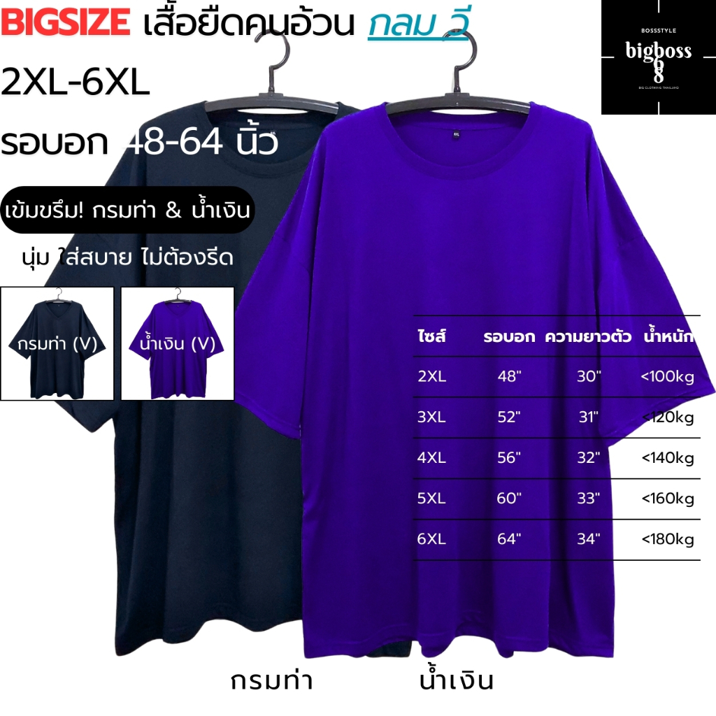 BIGSIZE 2XL-6XL เสื้อยืดคนอ้วน ไซส์ใหญ่ 64" เสื้อยืดแขนสั้น (กรมท่า น้ำเงิน) คอกลม(O) คอวี(V) คอ ...