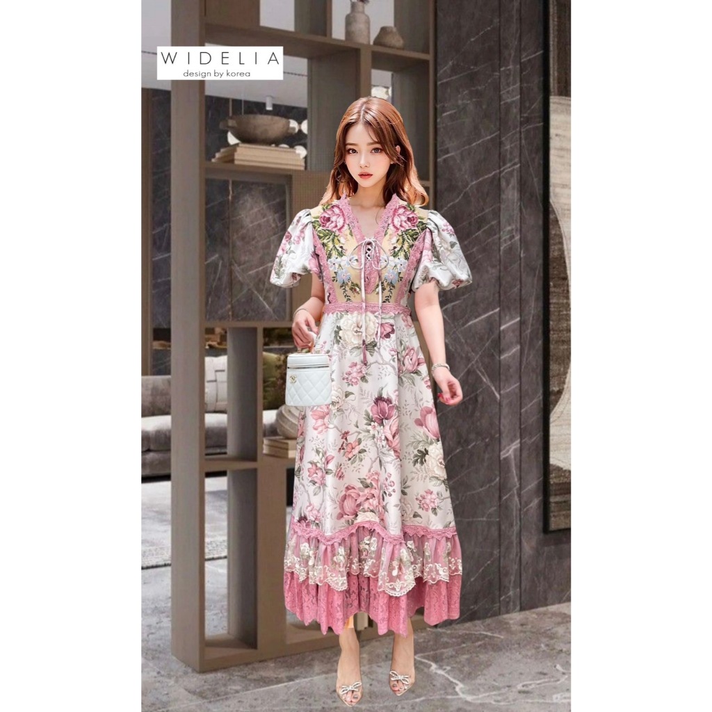 Widelia made in Korea เดรสคอวีระบายขอบลูกไม้ | Shopee Thailand