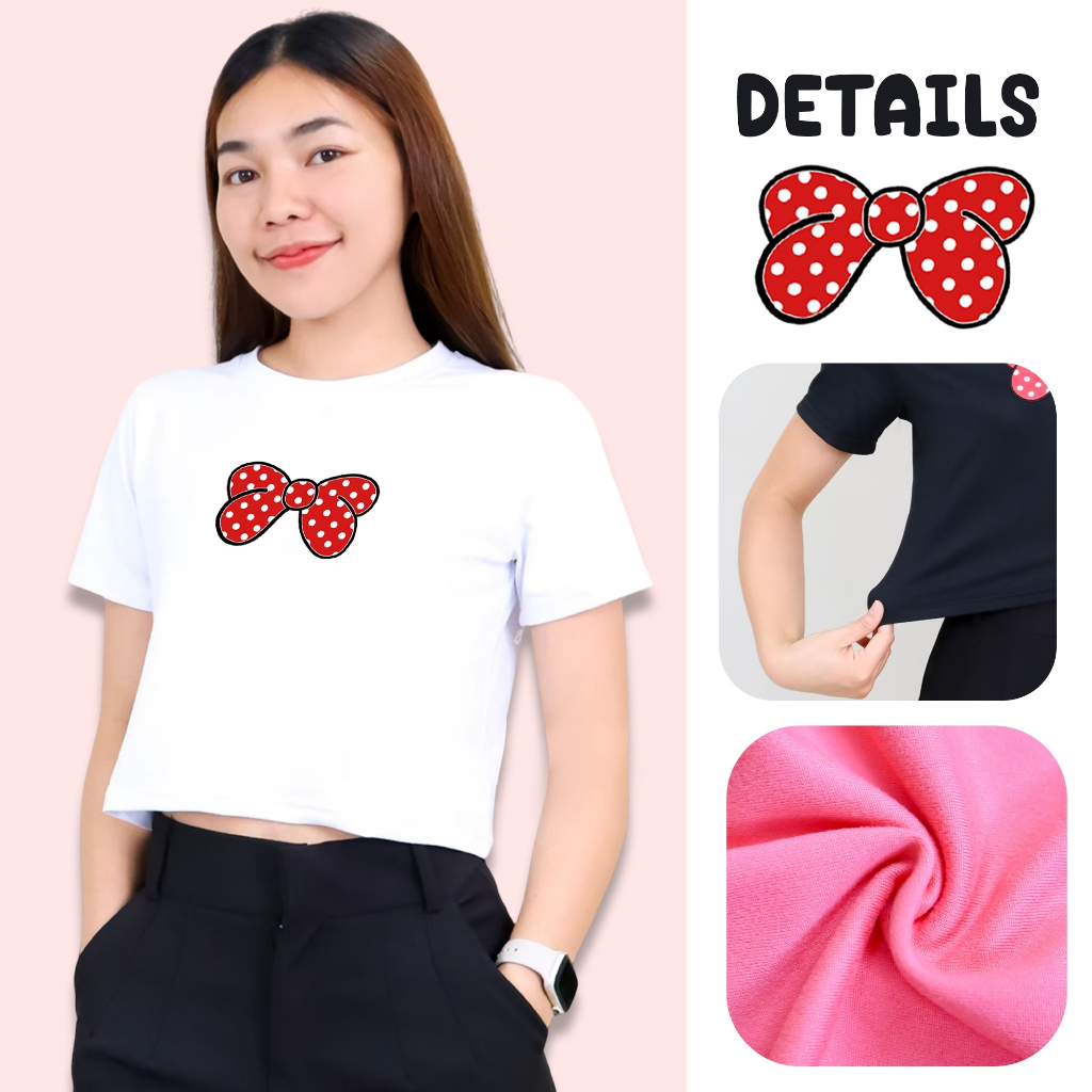 t414# เสื้อยืด ผู้หญิง เสื้อคอกลม แขนสั้น ทรงครอป ปักลายโบว์ ผ้าคอตตอน ...
