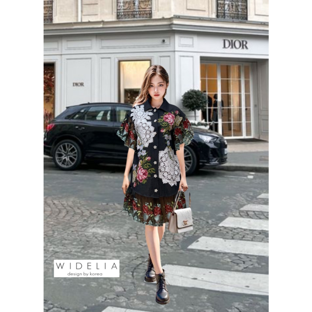 Widelia made in Korea Dress::เดรสเชิ้ตยีนแขนระบายลูกไม้.2 | Shopee Thailand