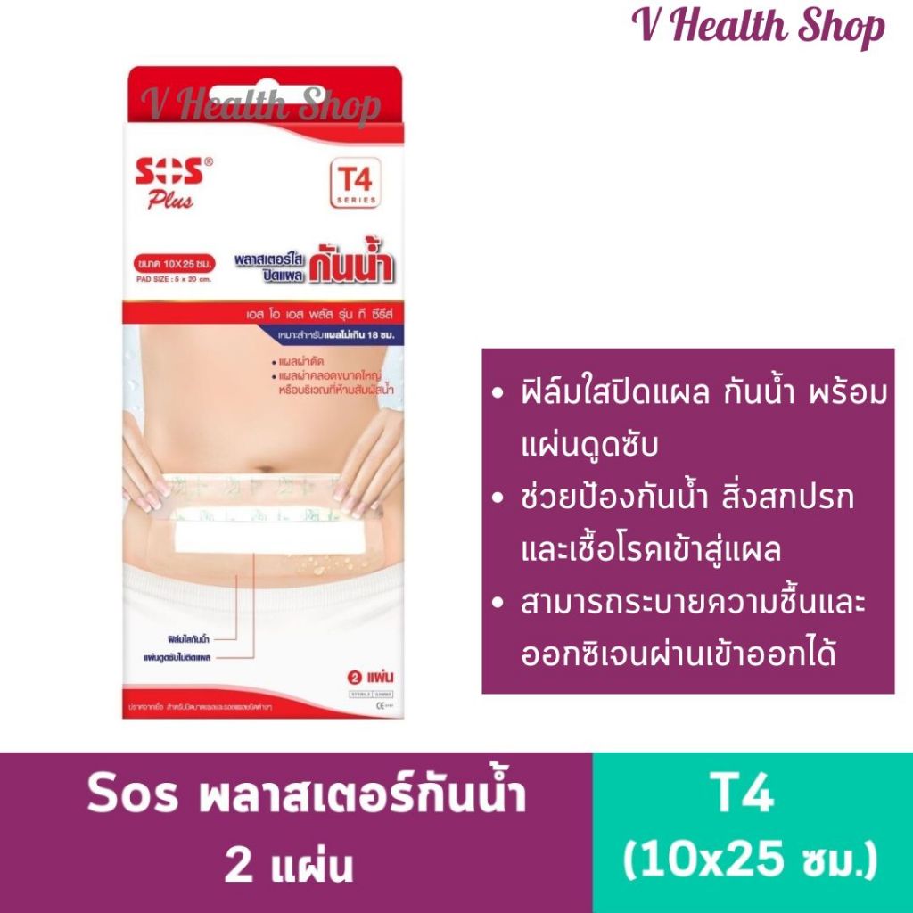 SOS Plus พลาสเตอร์ปิดแผลกันน้ำ T4 ขนาด (10×25 ซม.) บรรจุ 2 แผ่น ...