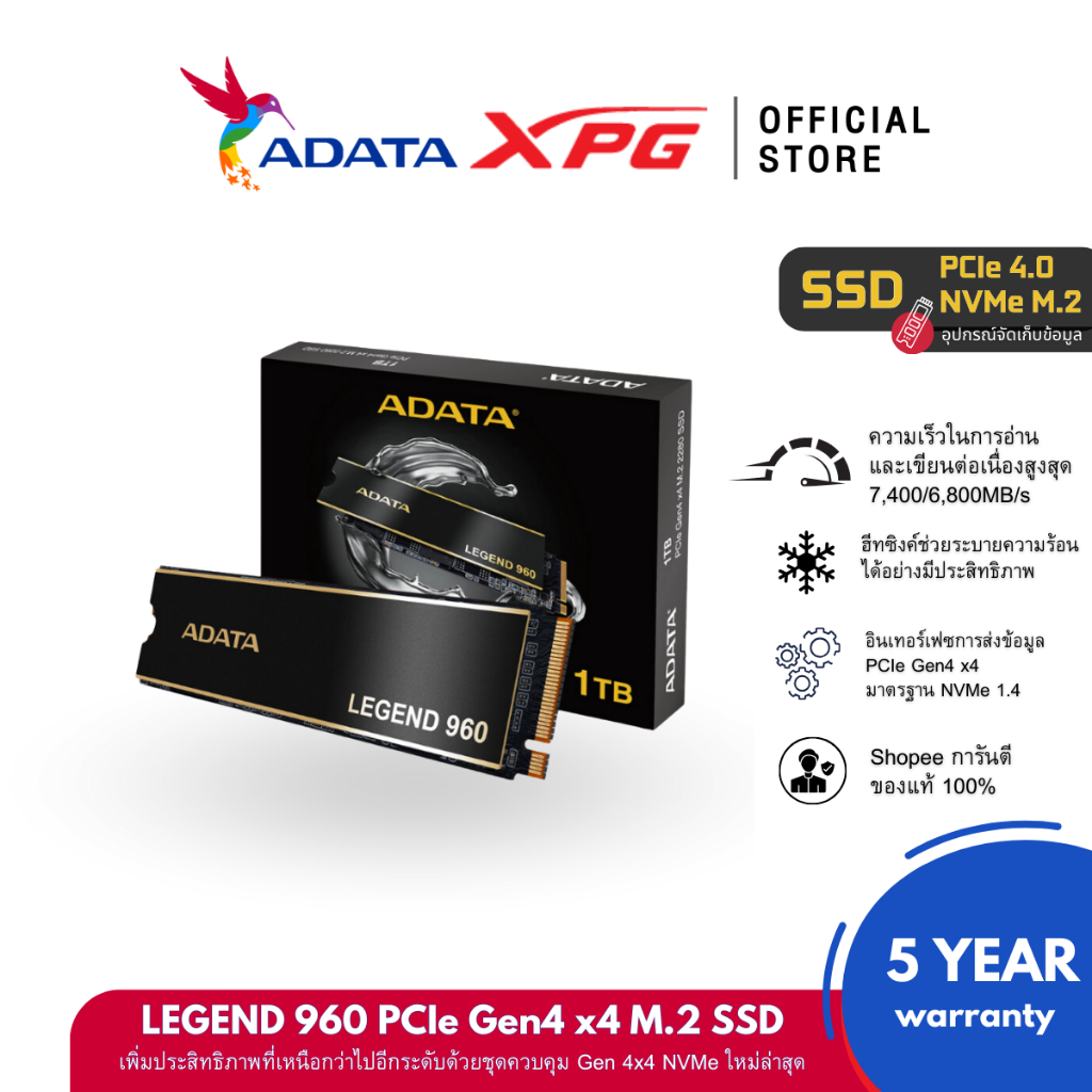 (เอสเอสดี) (1TB , 2TB) ADATA SSD LEGEND 960 M.2 2280 Up to 7,400/6,800MB/s Work with PS5 (ALEG ...