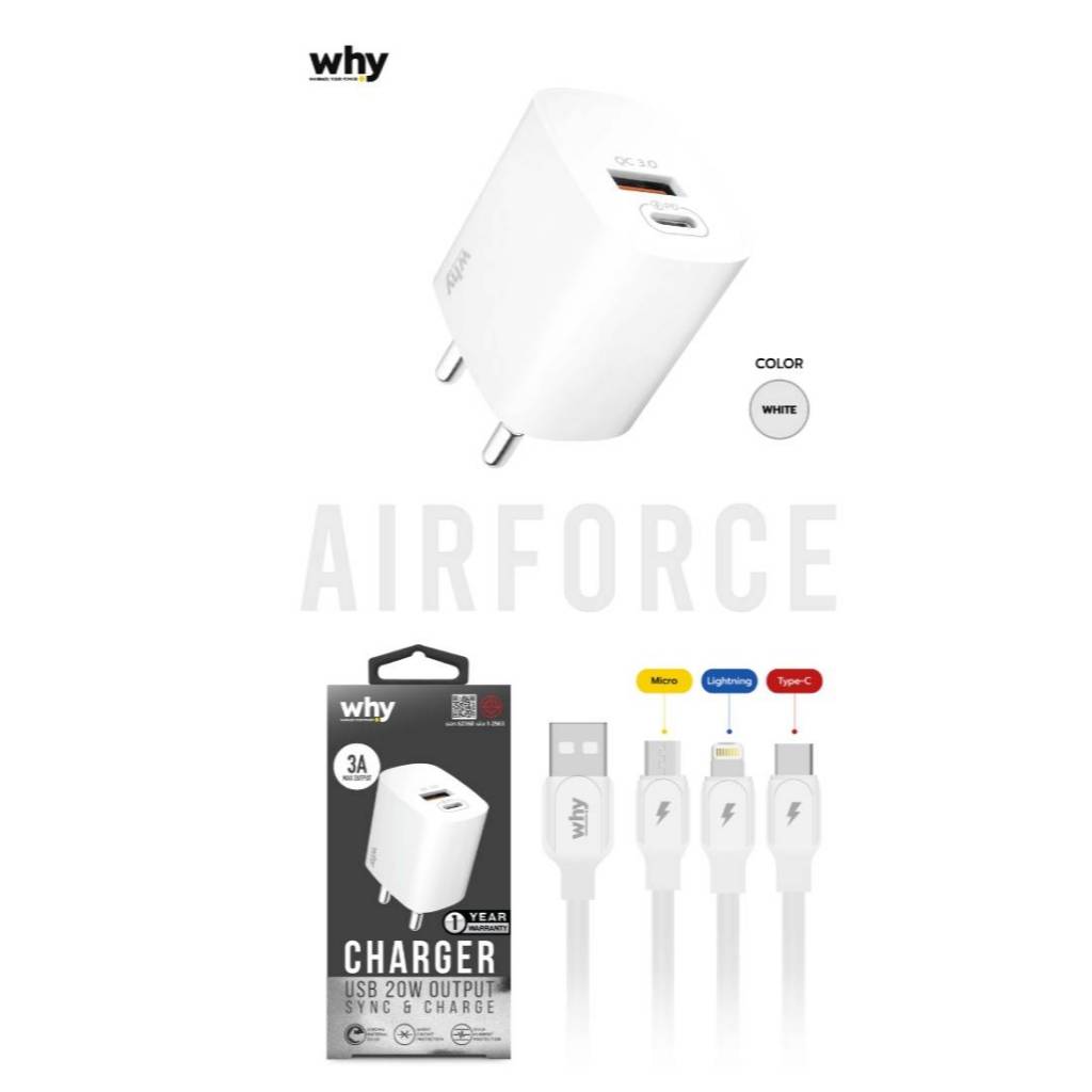 Why Airforce Wall Charger 1 USB-A / 1USB-C (20W) + สายชาร์จ (คละรุ่น) รุ่นWC-3082A WC-3082B WC ...