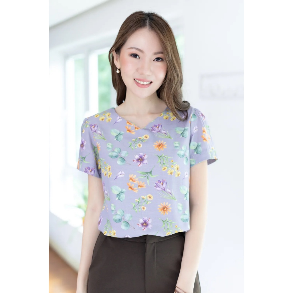 Narinari : MT0206 Folded Sleeve Linen Blouse | Shopee Thailand