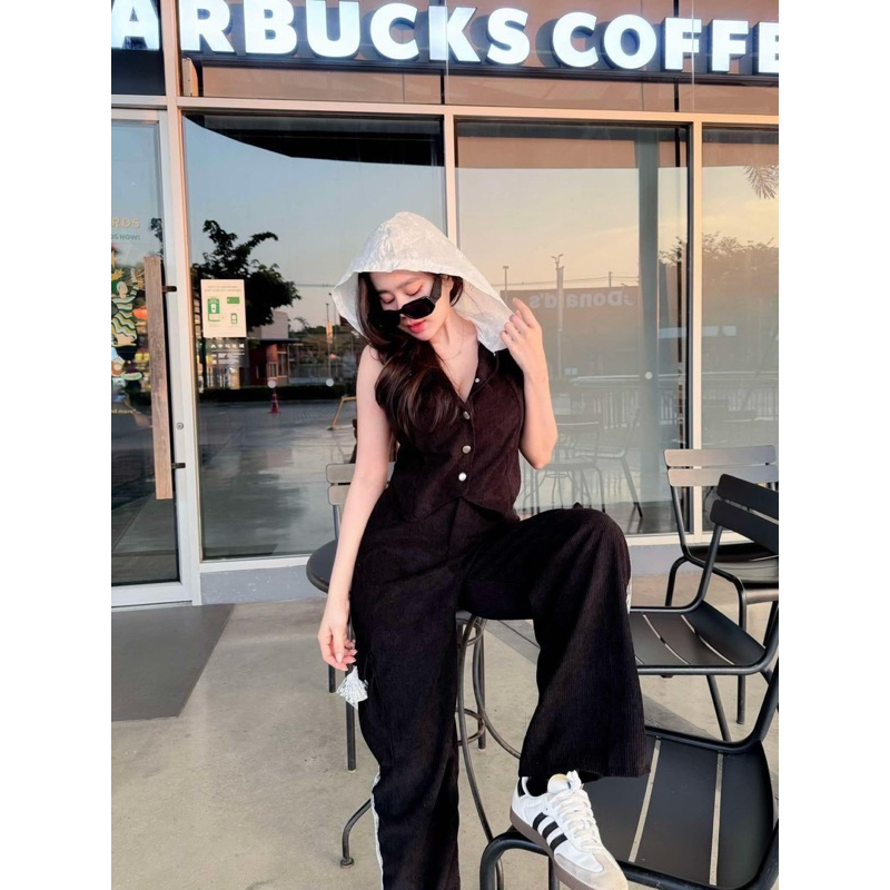 Phapassz - เซ็ต2ชิ้น เสื้อฮู้ดแขนกุดขายาว สม้อคหลังกระเป๋าข้างแต่งลูกไม้น่ารัก ผ้าดีมากนุ่มสบาย ...