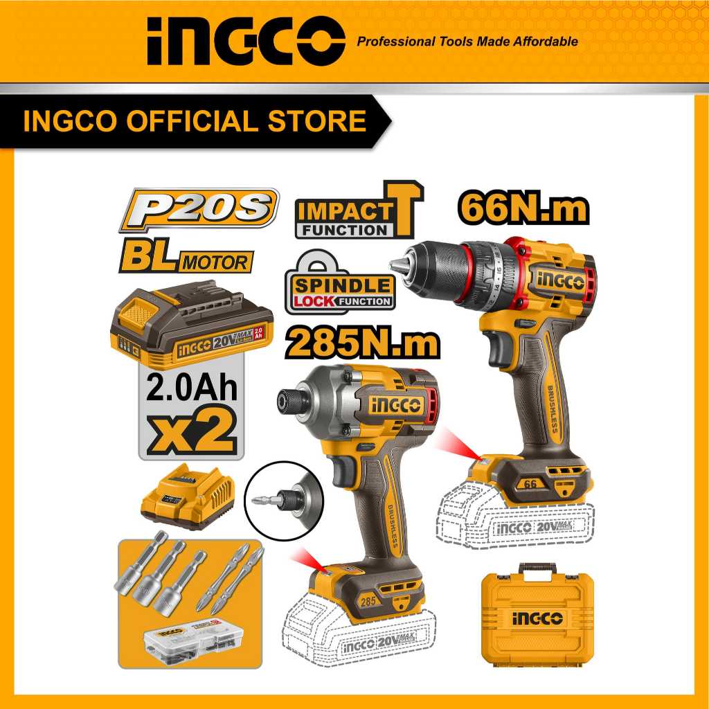 INGCO Combo set สว่านกระแทกไร้สาย 66 Nm และ สว่านไขควงกระแทกไร้สาย 285 ...