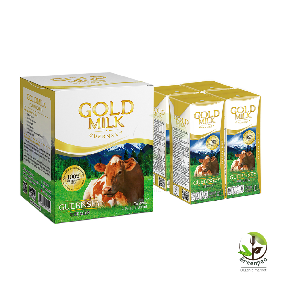 Gold Milk Guernsey UHT นม โกลด์มิลล์ บรรจุ 4กล่อง x 180 มล. น้ำนมโคแท้ 100 % ผู้แพ้นมวันทานได้ ...