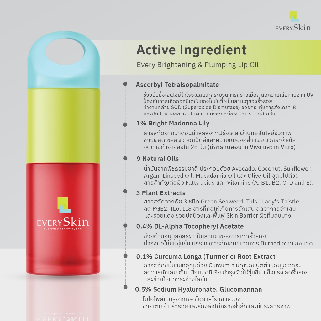 EverySkin Every Brightening & Plumping Lip Oil เอเวอรี่สกิน เอเวอรี่ ไบรท์เทนนิ่ง & พลัมปิ้ง ลิป ...