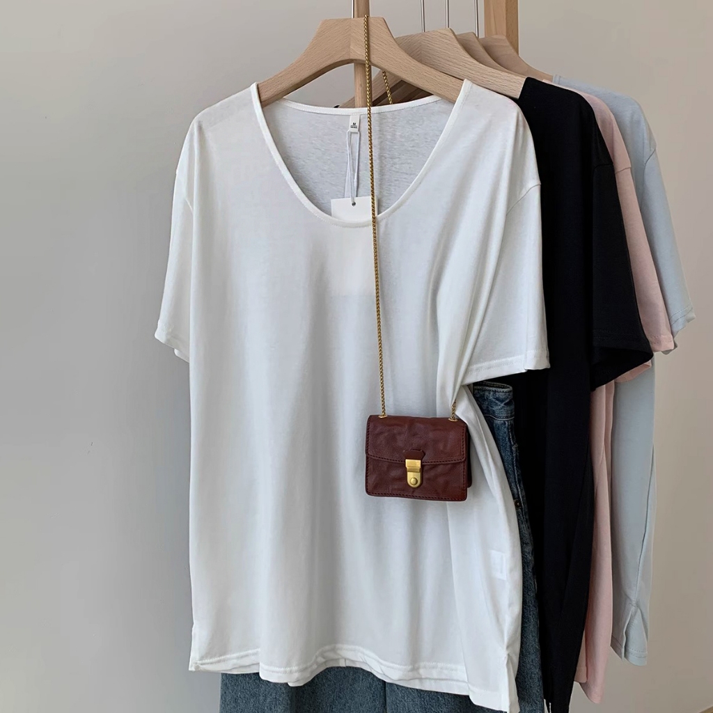 Y6Y - เสื้อยืดคอวีตรงไหล่ตรงสีพื้น แขนสั้น หลวม แฟชั่นสำหรับผู้หญิง ...