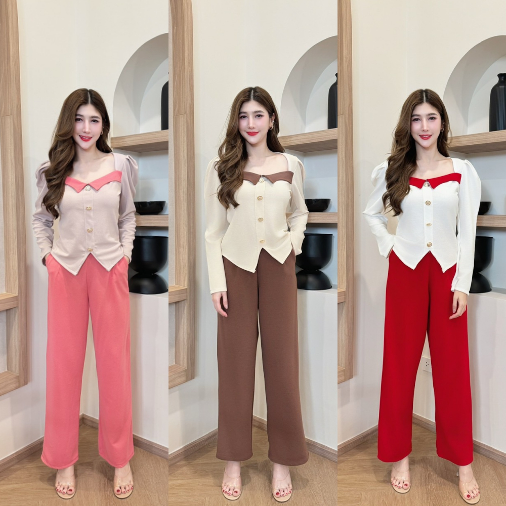 พร้อมส่ง ชุดเซตยาวผ้าวูลเวฟ เสื้อทรูโทนแขนยาวผ่าหน้าแต่งกระดุม + กางเกง ...