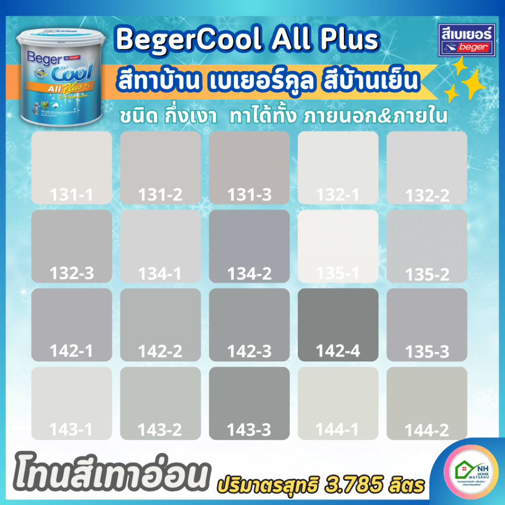 สีทาบ้าน เบเยอร์คูล BegerCool All Plus สีบ้านเย็น กึ่งเงา 3.5ลิตร #สีเทาอ่อน | Shopee Thailand