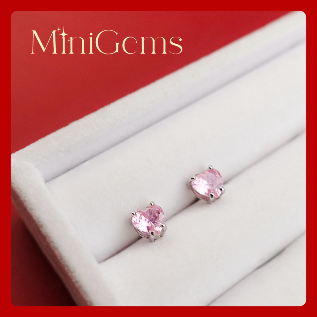 Mini Gems ต่างหูเพชรสวิส CZ ต่างหูเงินแท้ 92.5 เพชรหัวใจ สีชมพู ต่างหู ...