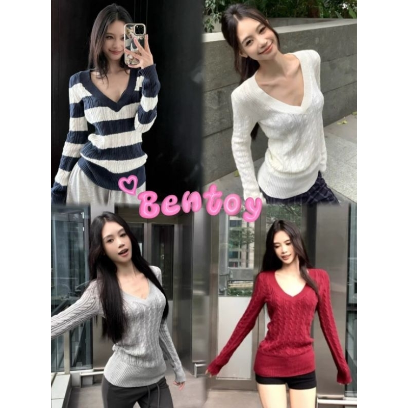 Bentoy(Y006)เสื้อยืดไหมผมแขนยาว ถักลาย คลื่นคลื่น สีพื้น สไตล์ เรียบๆ ...