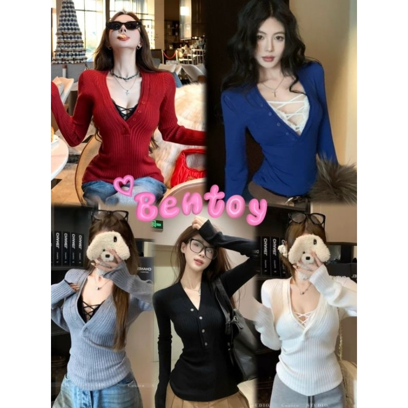 Bentoy(51832)เสื้อยืดแขนยาวไหมพรม บราตาข่าย เสื้อแหวกอกคอวี สีพื้น ...
