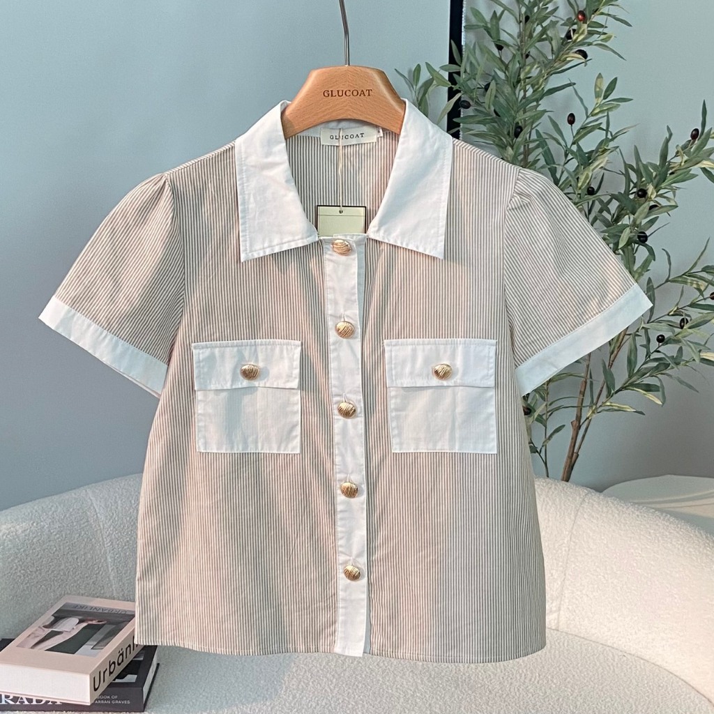 Glucoat | [T588] เสื้อเชิ้ตริ้วน้ำตาลคอปก กระเป๋า2ข้างสีขาว กระดุมสีทองใช้งานได้จริง | Shopee ...