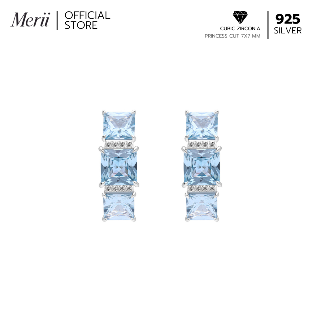 Merii ต่างหูสตั๊ดเงินชุบโรเดียมประดับ Synthetic Aquamarine ทรง Princess ...