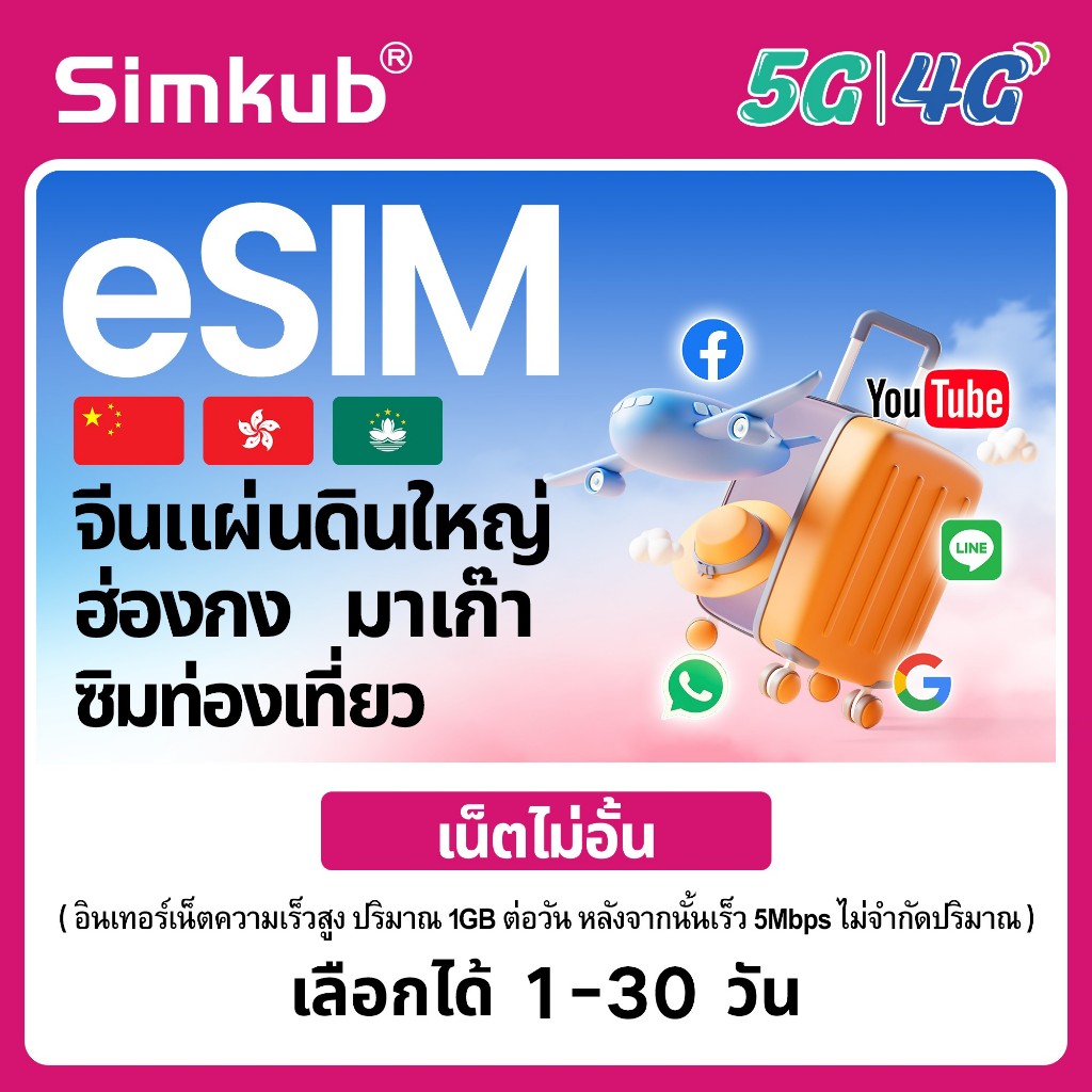 eSIM China&Hong Kong&Macau ใช้ร่วมกัน 3 แห่ง ซิมท่องเที่ยว เน็ตไม่จำกัด รองรับ 5G/4G เลือกได้ 1 ...