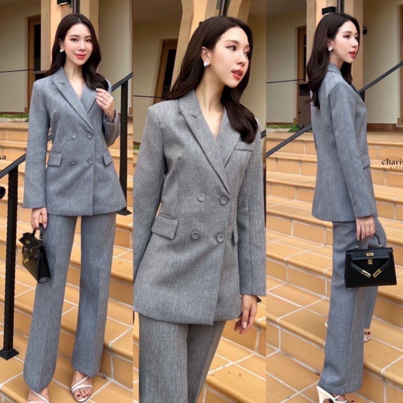 French Korea ชุดสูทสีเทา CEOใส่ทำงาน งานPremium Charissa ชุดSetเสื้อสูทแขนยาว+กางเกงขายาวทรง ...