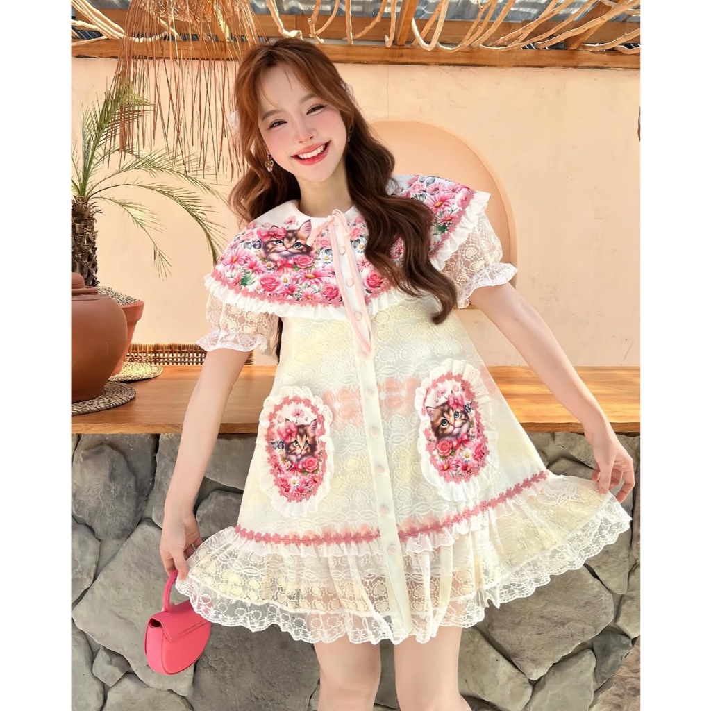 BLT BRAND BS176 การันตีเสื้อผ้าแบรนด์แท้ ชุดเดรสสีขาวพิมพ์ลายน้องแมวสี ...