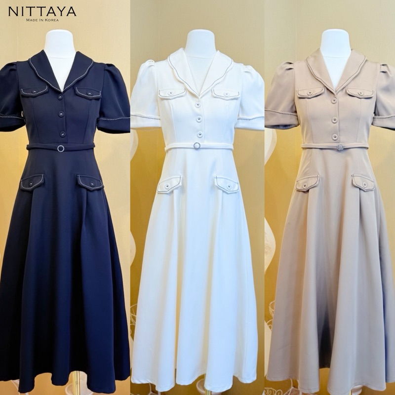 [NITTAYA] D2724 ชุดเดรสกระโปรงยาวคอปกแขนสั้นแต่งกระดุมกระเป๋าหน้าดีเทล ...